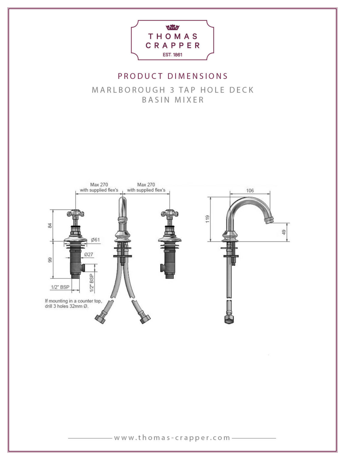 Marlborough 3 Tap Hole Deck Basin Mixer from Thomas Crapper & Co Ltd